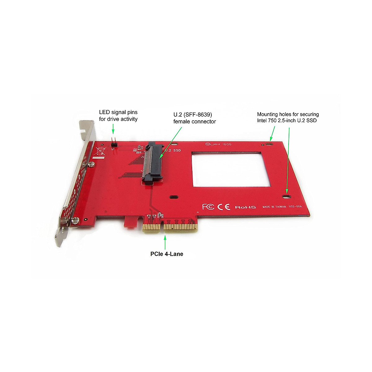 Ableconn PEXU2-132 NVMe 2.5-inch U.2 (SFF-8639) SSD PCIe 4.0 x4 Carrier Adapter Card - for 2.5-inch U.2 NVMe SSD - U.2 to PCIe - PCIe Adapter for U.2 Drive
