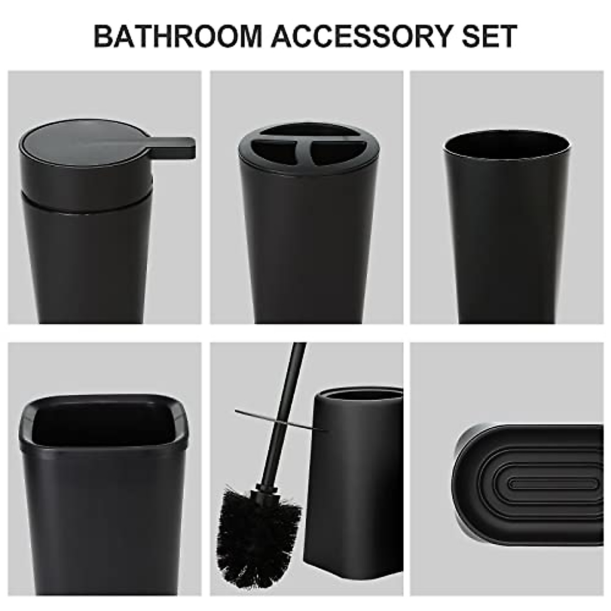 IMAVO Bathroom Accessories Set,6-Piece Bathroom Gift Set,Toothbrush Holder,Toothbrush Cup,Soap Dispenser,Soap Dish,Toilet Brush Holder,Trash Can,Tumbler Bathroom Accessory Set Complete,Black
