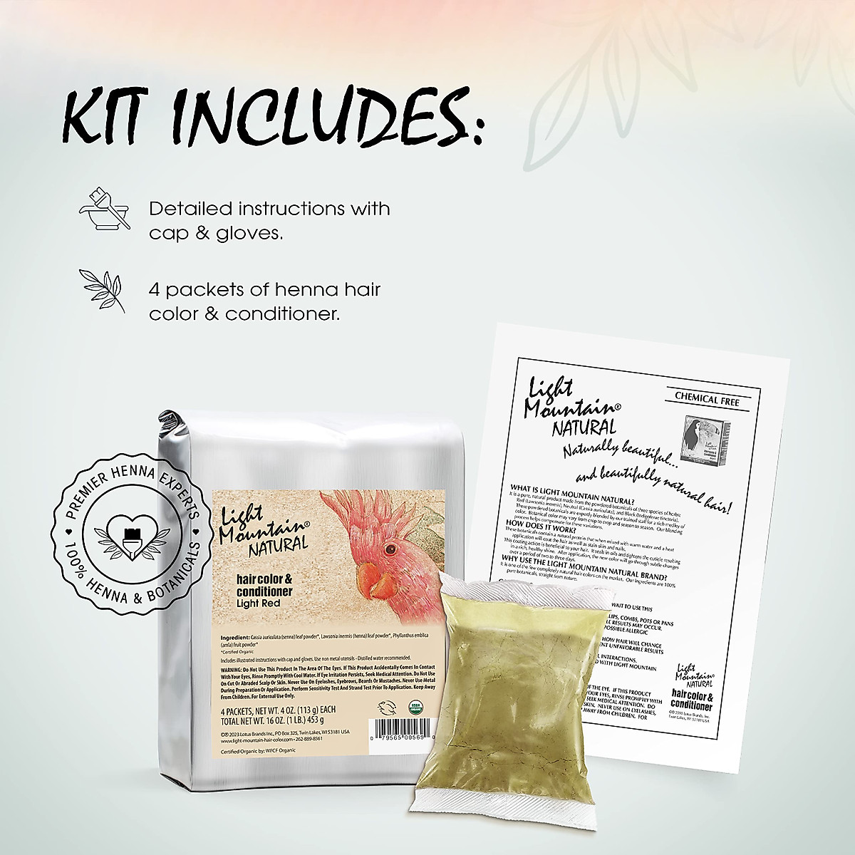 Light Mountain Henna Hair Color & Conditioner - Light Red Hair Dye for Men/Women, Organic Henna Leaf Powder and Botanicals, Chemical-Free, Semi-Permanent Hair Color, 16 Oz