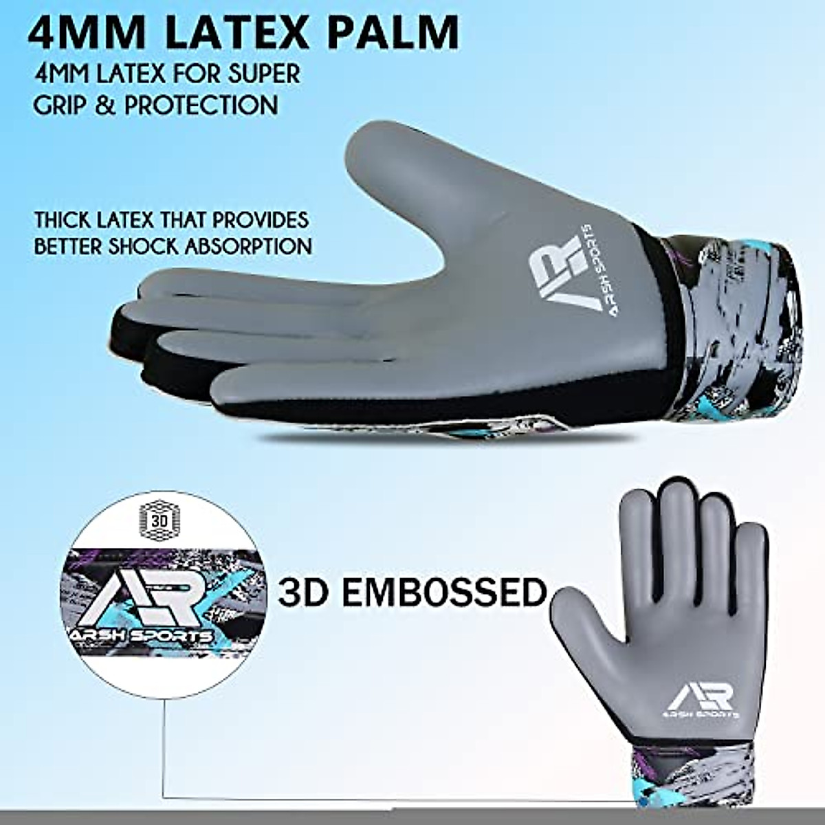 Arsh Sports Soccer Goalie Gloves, Football Goalkeeper Gloves for Kids Boys Children Youth Goalkeeping with 4mm Latex Finger Spine Protection (Gray, Size 4 Suitable for 6-9 Years)