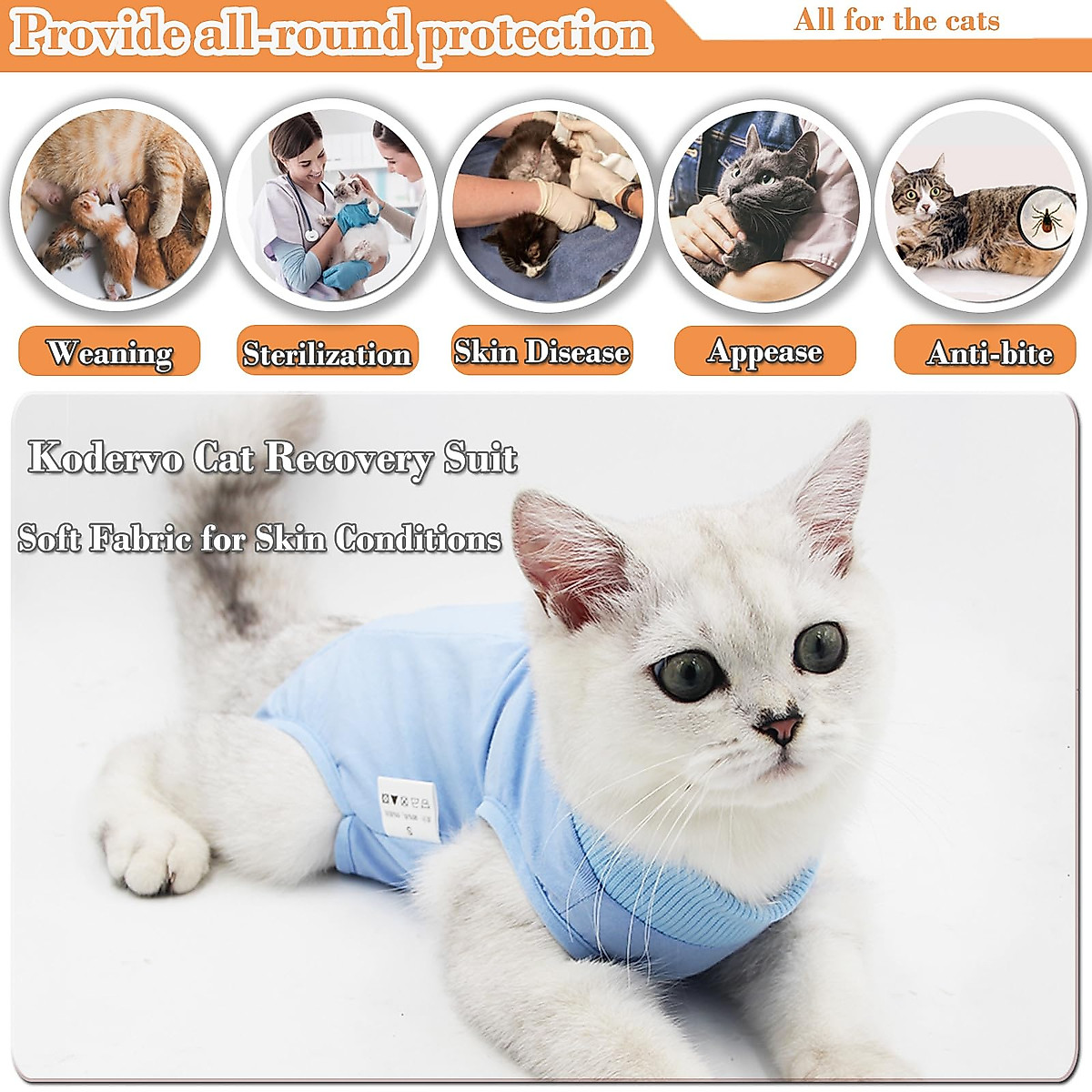 Kodervo Cat Surgical Recovery Suit Professional for Male Female Cats Abdominal Wounds Cone E-Collar Alternative, Anti-Licking or Skin Diseases Pet Surgical Recovery Suit, Soft Fabric Onesies for Cats