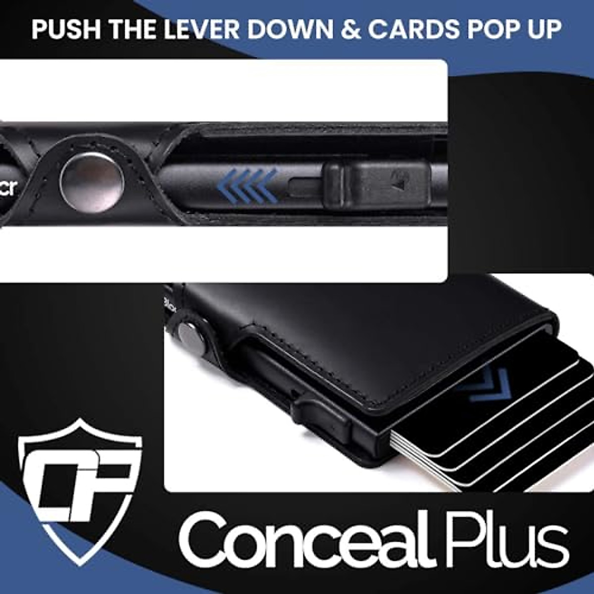 Conceal Plus Wallet for Men, Pop Up Wallet Credit Card Holder - RFID Blocking, Slim Minimalist Credit Card Case (Genuine Black Leather)