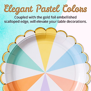 Confettiville Party Paper Plates, 50-Pack, Disposable Paper Plates, Gold Foil Scalloped Edge, Striped Pastel, 9-Inch