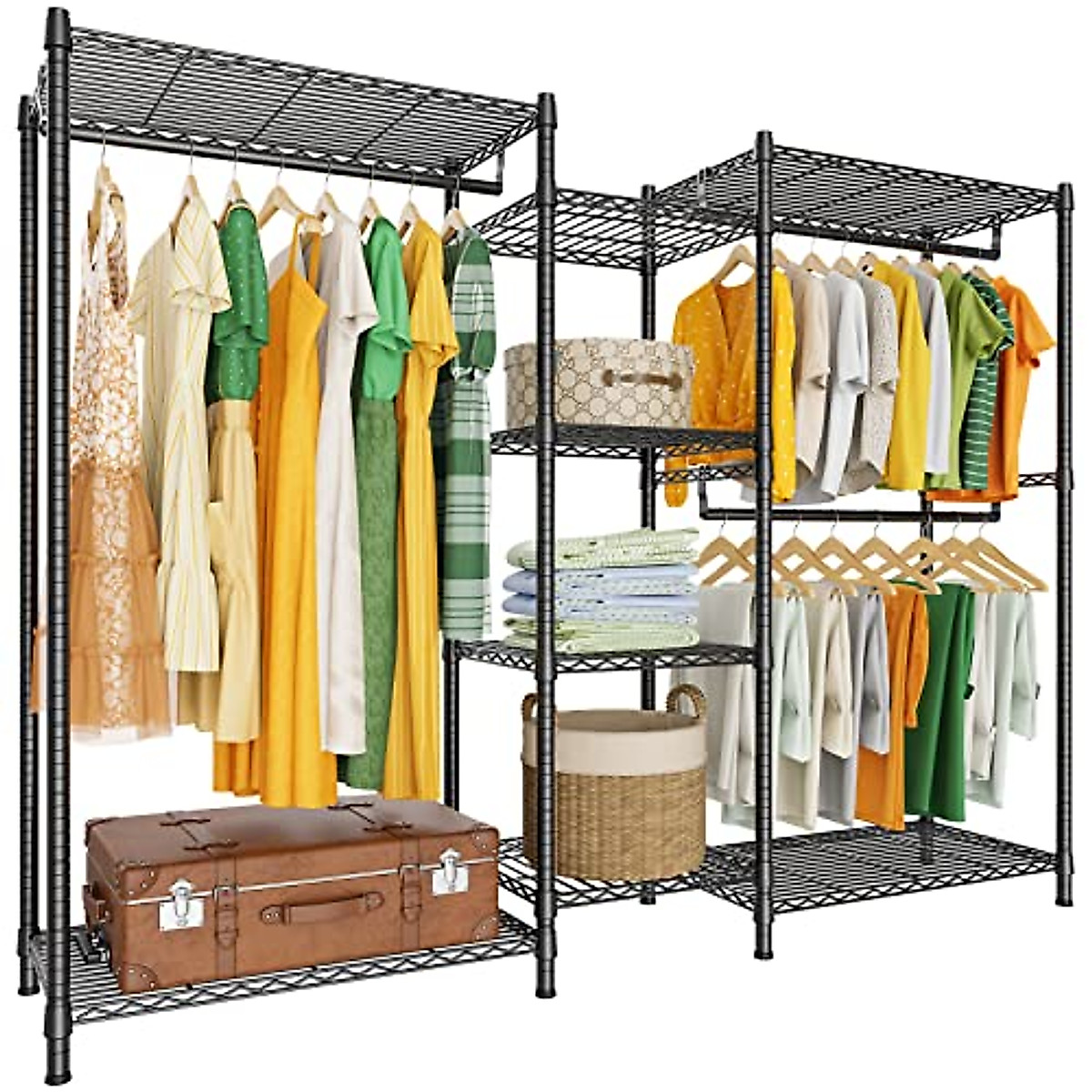 LEHOM G6 Wire Garment Rack Heavy Duty Clothes Rack Compact Large Size Armoire Storage Rack Freestanding Metal Clothing Rack Closet Wardrobe with 3 Hanger Rod and 4 Large Shelves 4 Small Shelves, Black