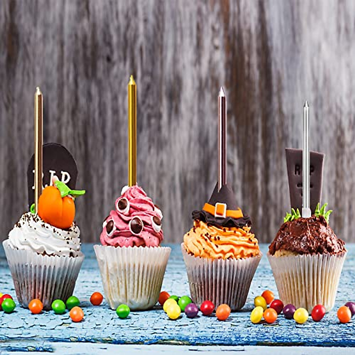 24 Pack Exquisite Birthday Candles in Holders Metallic Cake Candles Thin Cupcake Long Candles Cake Toppers for Birthday Party Wedding Anniversary Christmas Baby Shower (24PCS Color Mixing)