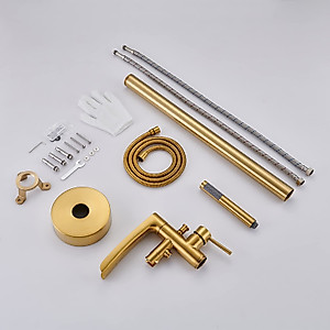 Qinkell Freestanding Tub Faucet Waterfall Bathtub Filler Brushed Gold Floor Mount Brass Bathroom Faucets with Hand Shower