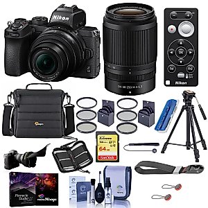 Nikon Z50 DX-Format Mirrorless Camera with Z DX 16-50mm f/3.5-6.3 VR and Z DX 50-250mm f/4.5-6.3 VR Lenses - Bundle with Camera Case, 64GB SDXC Card, Tripod, 62/46mm Filter Kit, Pro Software + More