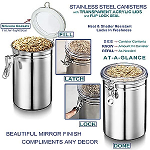 HOMEARRAY Stainless Steel Canister Set - Airtight Food Storage Canisters for Kitchen Counters, Tea, Sugar, Flour, Coffee Sealable Jars with Locking Clamp - Set of 4