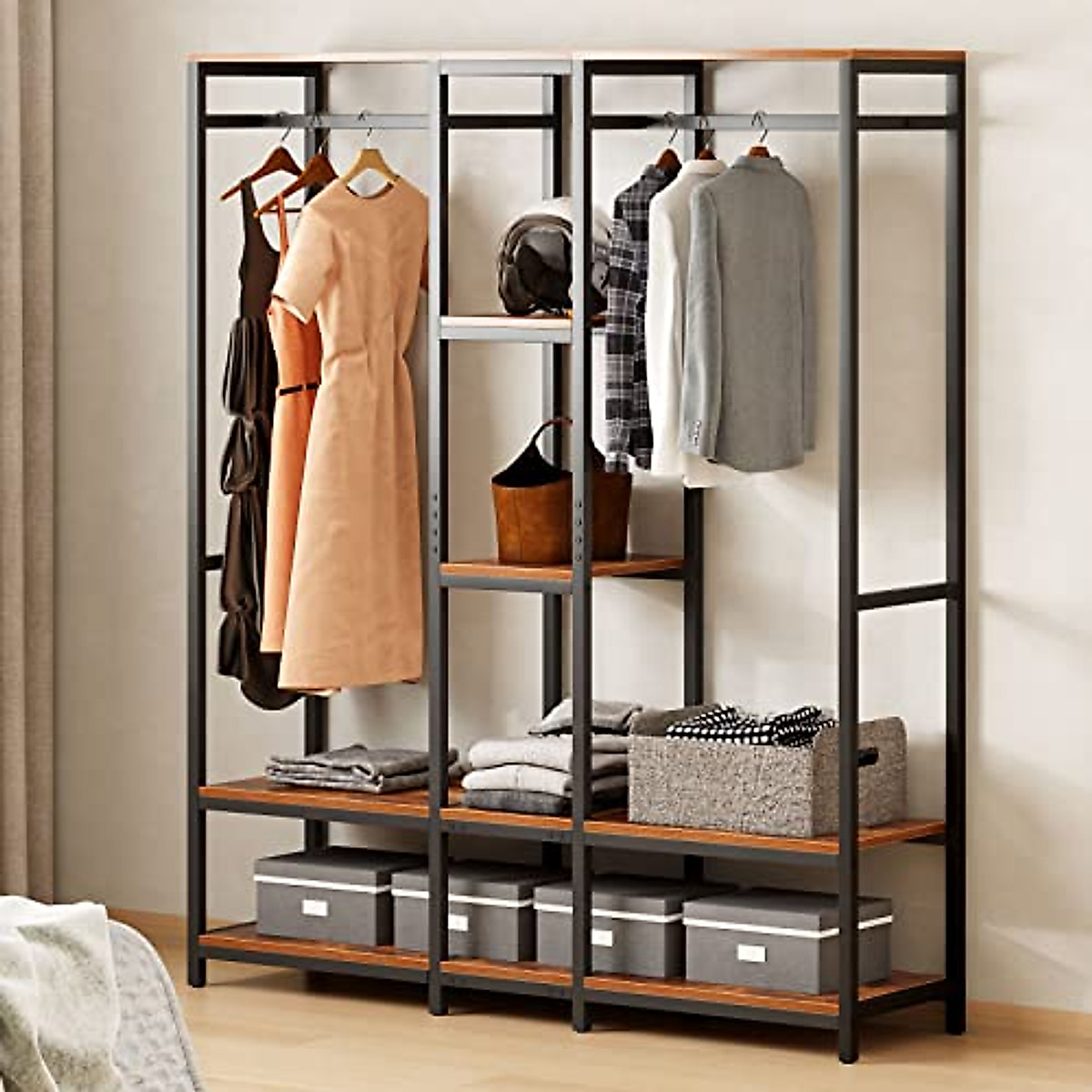 soges Garment Racks with 5 Tiers Shelves 2 Rod Clothes Rack FreeStanding Rack Organizer Storage for Hanging Clothes and Storage