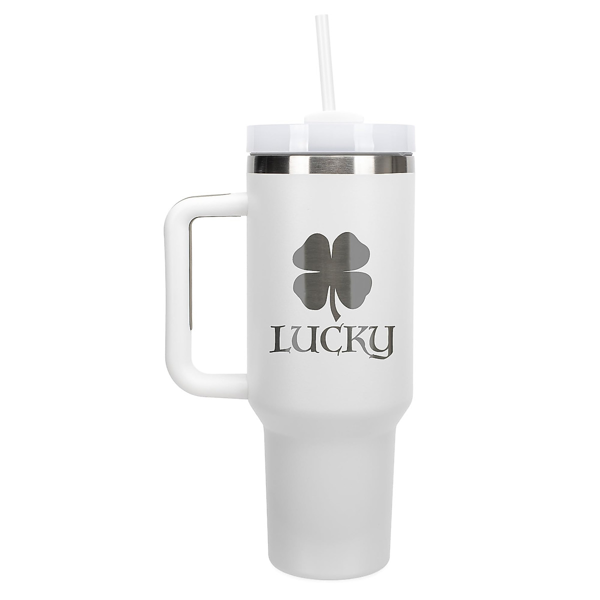 100 North Lucky 4 Leaf Clover Irish St. Patrick's Shamrock Wrap-Around 40 Oz. Stainless Steel Water Bottle Coffee Mug, Spill & Leak Resistant, Travel Tumbler with Handle, Lid & Straw, White