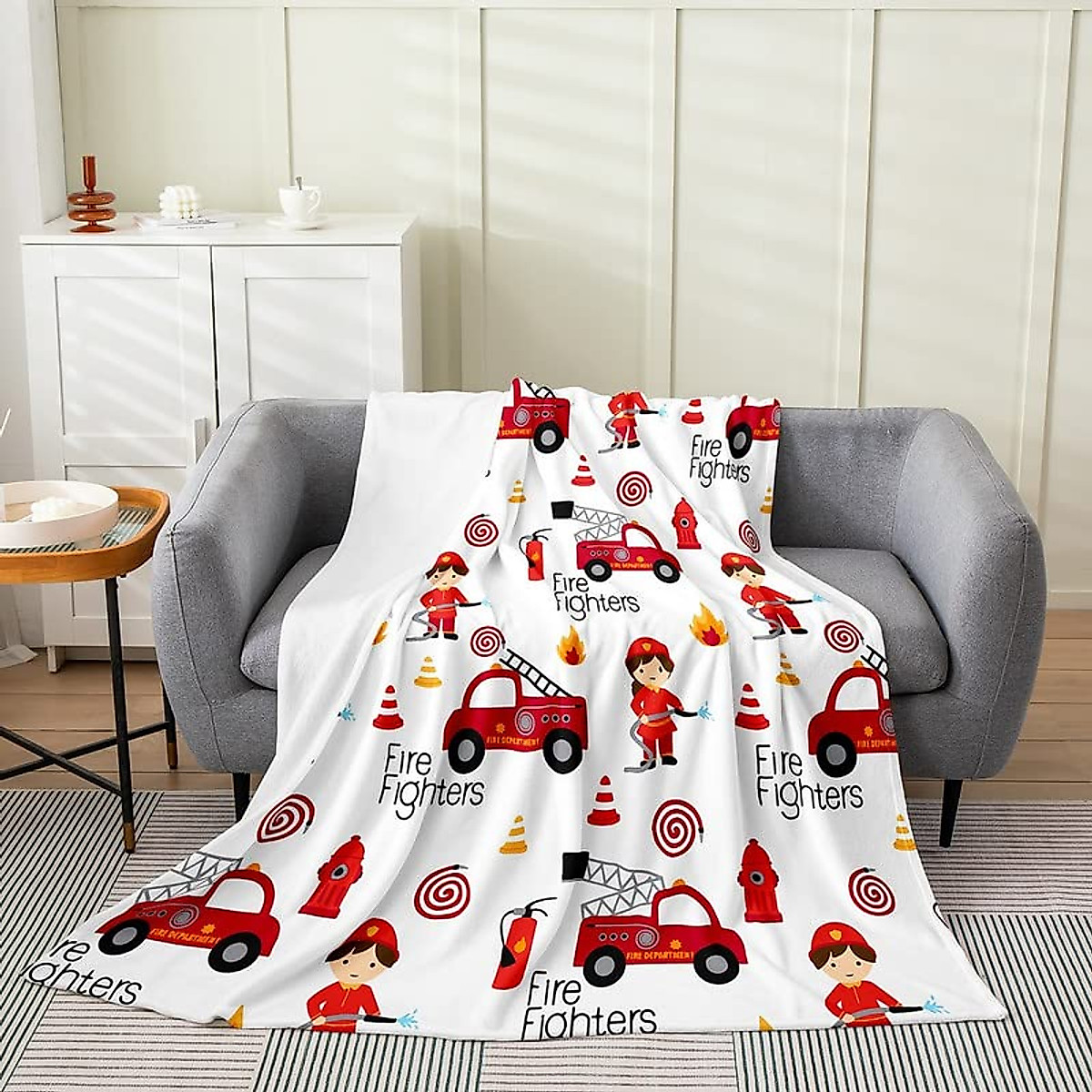 Feelyou Fire Truck Flannel Fleece Blanket Cartoon Car Firemen Car Vehicle Pattern Plush Throw Blanket, for Children Firefighter Red White All Season,Bed Blanket Room Decor Room Decor Twin 60"x80"