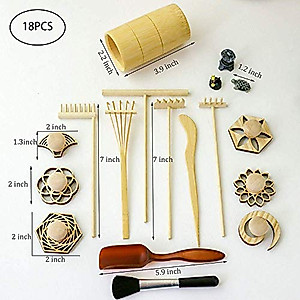 Zen Garden Rake Stamp Tools - Meditation Rock Sand Garden Accessories – Office Desktop Mini Zen Gifts for Man Women Bamboo Rakes Holder Brusher Spoon Figurines