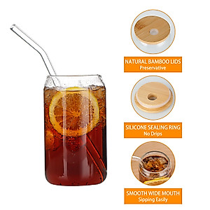 Weiei Beer Can Glasses with Bamboo Lids and Glass Straw 4pcs Set - 16oz, Wide Mouth Iced Coffee Cups with 4 Straws, Can Shaped Glass Cups, Reusable Glass Tumbler Boba Cup for Tea, Boba, Smoothie
