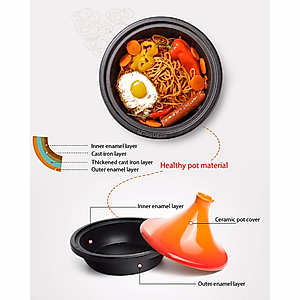 Enameled Cast Iron Tagine Moroccan with Silicone Gloves 1.7 Quart with Enamel Lid Pot Slow Cooker Tagine Pot Non-Stick Pot Without Lead Cooking Healthy Food (Orange)