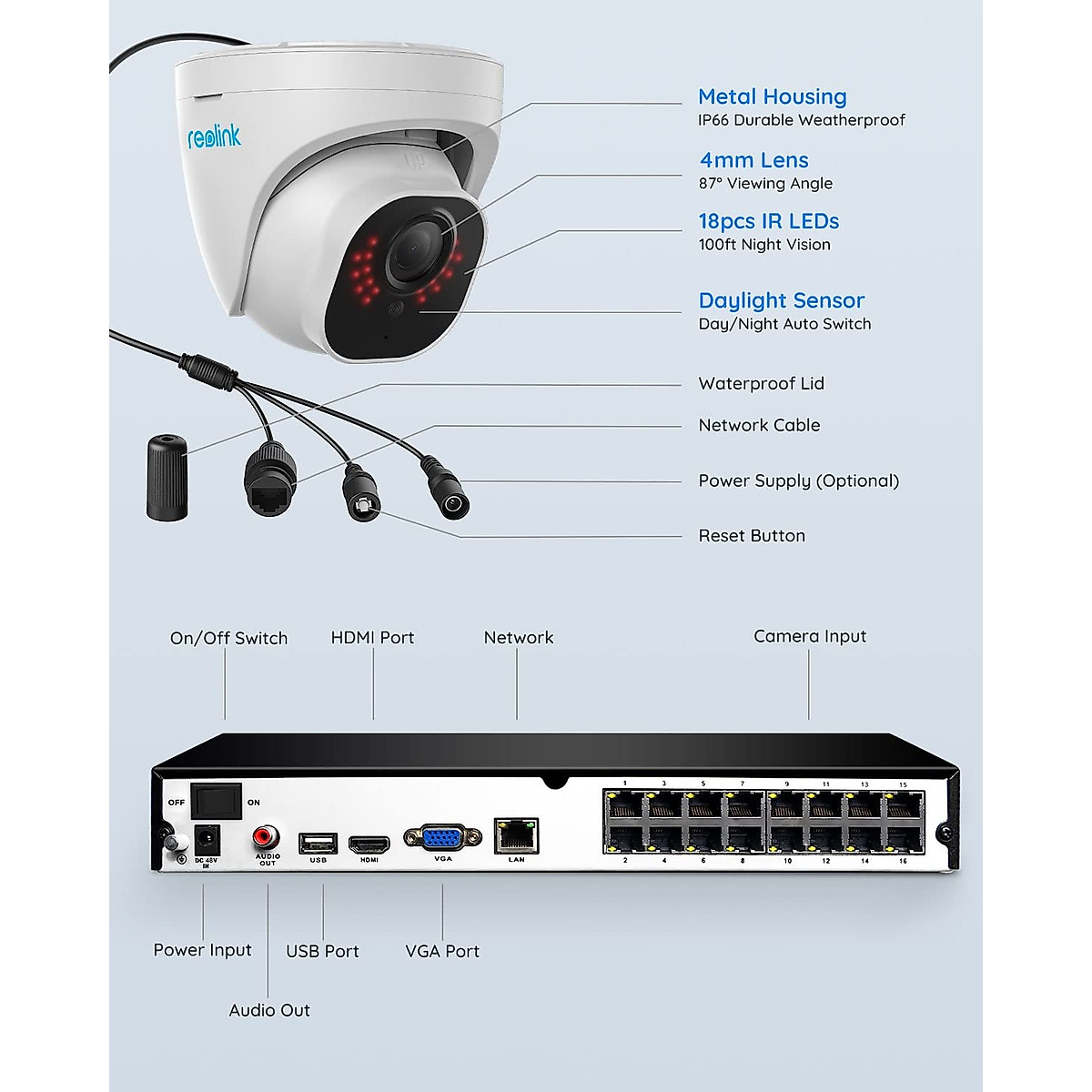 REOLINK 4K Security Camera System, RLK16-800D8, 8pcs H.265 4K PoE Security Cameras Wired with Person Vehicle Detection, 8MP/4K 16CH NVR with 4TB HDD for 24-7 Recording
