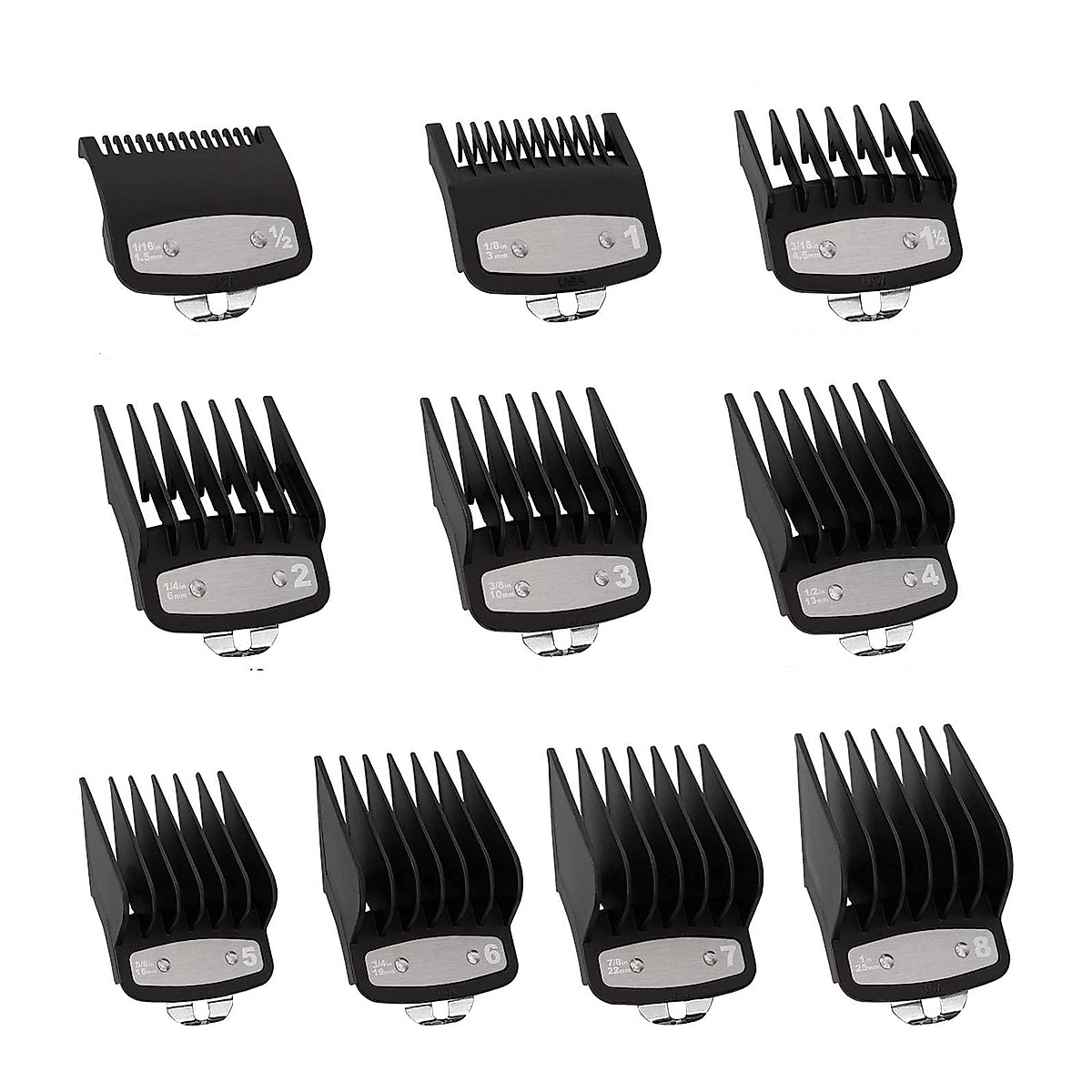 Clipper Guards Cutting Guides Compatible with Wahl Clipper with Metal Clip-from 1/16 Inch to 1 Inch(1.5-25mm)，10 Pack Black