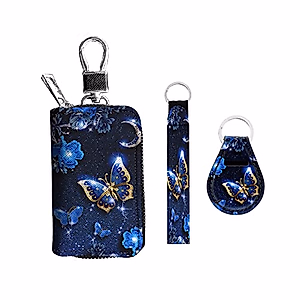 Cozeyat Leather Keyring Holder for Women Girls,Bling Butterflies Blue Design Wristlet Straps Key Chain Holder with Zipper,Pack of 3 Auto Smart Keychain Purse Accessories