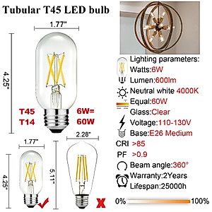 LiteHistory E26 Edison Bulb 6W Equivalent E26 LED Bulb 60 Watt Dimmable Neutral White 4000K E26 Light Bulb AC120V 600lm Tubular T14 T45 LED Bulb for Pendant,Sputnik,Vanity,Chandeliers Pack of 6