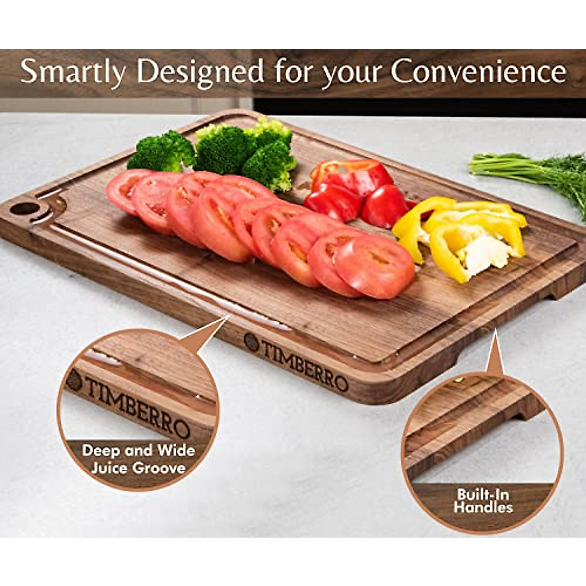 Walnut Cutting Board by Timberro (17x12x0.8 Inches) with Hanging Hole, Built-in Handles, and a Deep and Wide Juice Groove, Edge Grain, Finished with Mineral Oil, Tall Size