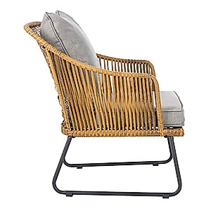 SAFAVIEH Outdoor Collection Jensen Natural Brown Rattan/Grey Seat Cushion 3-Piece Patio Lounge Bistro Set with Table (PAT9008A)