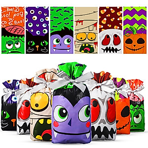 Funrous 48 Pcs Halloween Drawstring Treat Bags Bulk Halloween Plastic Candy Goodie Bags Trick or Treat Party Gift Bags for Kids Birthday Halloween Theme Party Favors Supplies