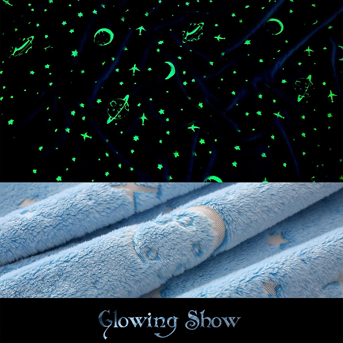 Glow in The Dark Throw Blanket for Kids, Soft Fleece Blanket for Couch Bed, Outdoor Fuzzy Blanket with Galaxy Planet Pattern, Birthday Gifts for Girls Boys and Toddler Blue 50x60 Inch