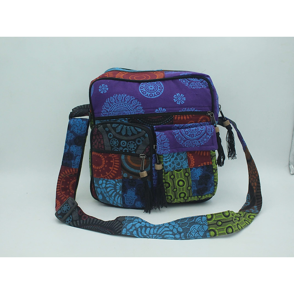 Fwosi Cotton Crossbody Bag with zipper - Unisex Patchwork Tote Bag for Men & Women - Lightweight, Bohemian Bags - 7 Compartments