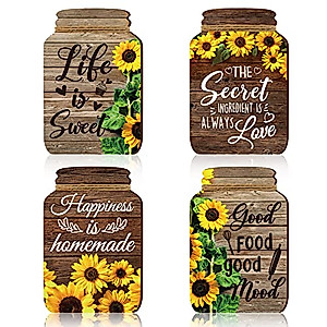 4 Pcs Kitchen Wall Decor Mason Jar Set Wooden Rustic Home Decor Inspirational Kitchen Decor Hanging Farmhouse Kitchen Signs Wall Decor for Home Decor (Sunflower)