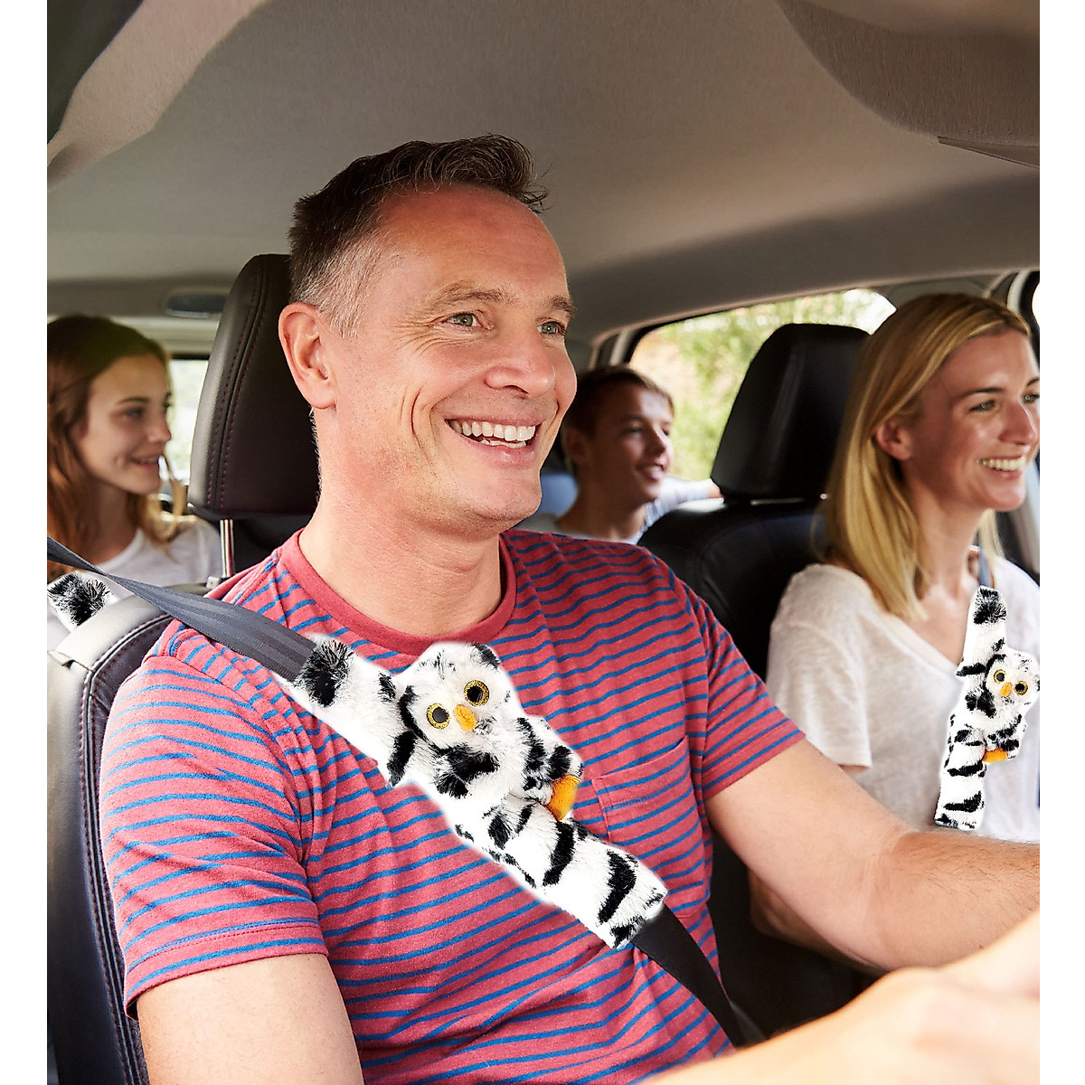 DolliBu White Owl Plush Car Seatbelt Cover - Soft Fluffy Cushion Support for Safety Seat Belt Strap Cover, Decorative Wild Life Stuffed Animal Padded Toy, Cute Vehicle Accessory for Kids & Adults