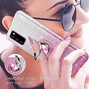 KSWOUS for Galaxy A03S Phone Case with Screen Protector [2 Pack], Glitter Sparkly Bling Pink Protective Cover with Kickstand for Women Girls Slim Shockproof Case for Samsung A03S Case (Pink)