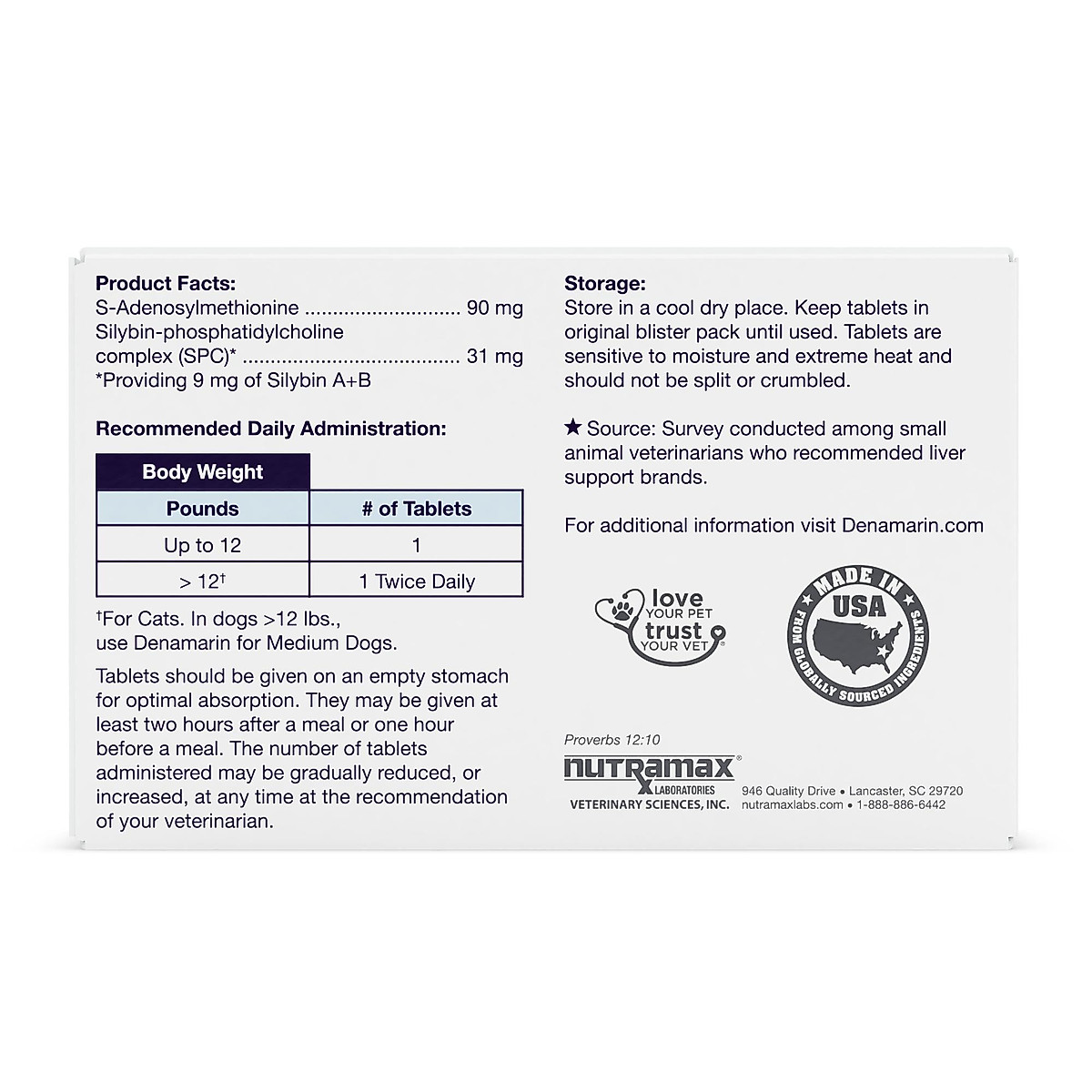 Nutramax Denamarin Liver Health Supplement for Small Dogs and Cats - with S-Adenosylmethionine (Same) and Silybin, 30 Blister Pack Tablets