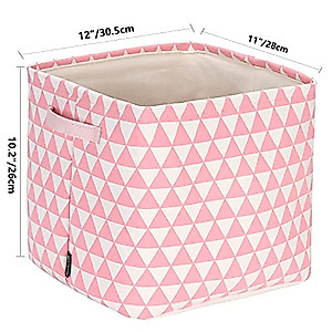 Sea Team Foldable Large Square New Pink and White Geometric Theme 100% Natural Linen & Cotton Fabric Storage Bins Storage Baskets Organizers for Shelves & Desks - Set of 4 (Pink)