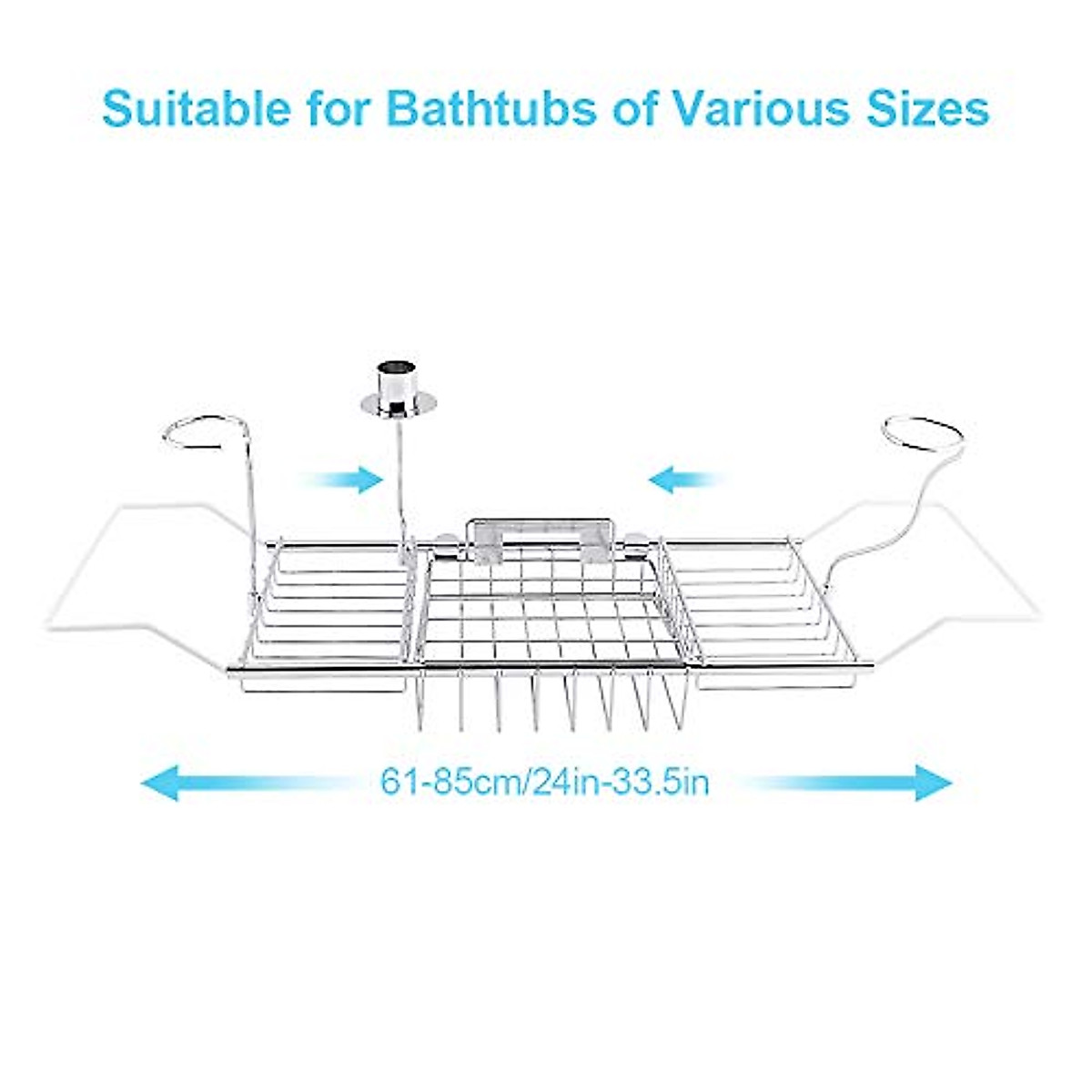 Bathtub Caddy Tray, Stainless Steel Shower Bathtub Caddy Storage Organizer Over Bathtub Racks Expandable Bath Organizer Tub Shelf with Extending Sides and Removable Wine Glass Book Holder