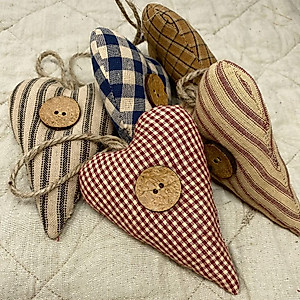Set of 5 Rustic Plaid Homespun Cotton Fabric Heart Farmhouse Christmas or Wedding Ornaments with Wood Button