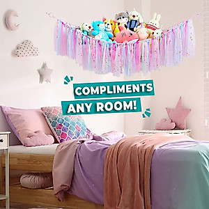 Cicening Stuffed Animal Net or Hammock with Tassels LED Storage Net for Stuffed Animals Holder and Plush Toy Hammock Handmade Soft Corner Hanging Netting Toy Holder for Kids Room Playroom(Pink)