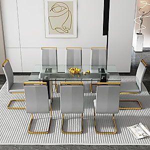 71 in Glass Dining Table Set for 8, Modern Tempered Glass Table Top with MDF Frame & 8 Leather Ergonomic Chairs, Kitchen Table and Chairs for 8