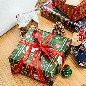 RUSPEPA Christmas Wrapping Paper - Santa Claus, Snowman, Christmas Tree and Bell Design - 4 Rolls - 30 Inches x 10 Feet Per Roll