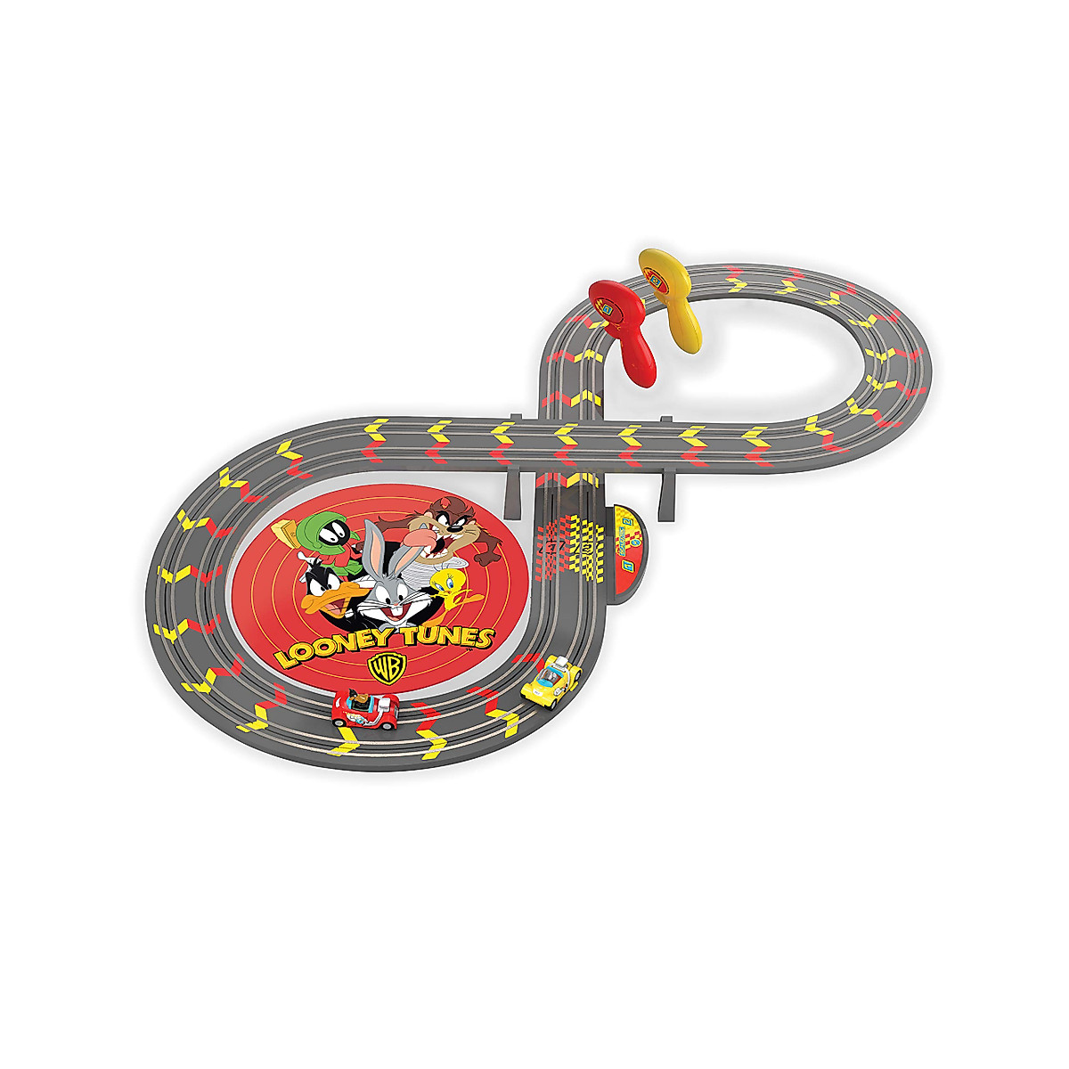 Scalextric Micro Scalextric My First Looney Tunes Bugs Bunny vs Daffy Duck Battery Powered 1:64 Slot Car Race Track Set G1141T, Yellow & Red