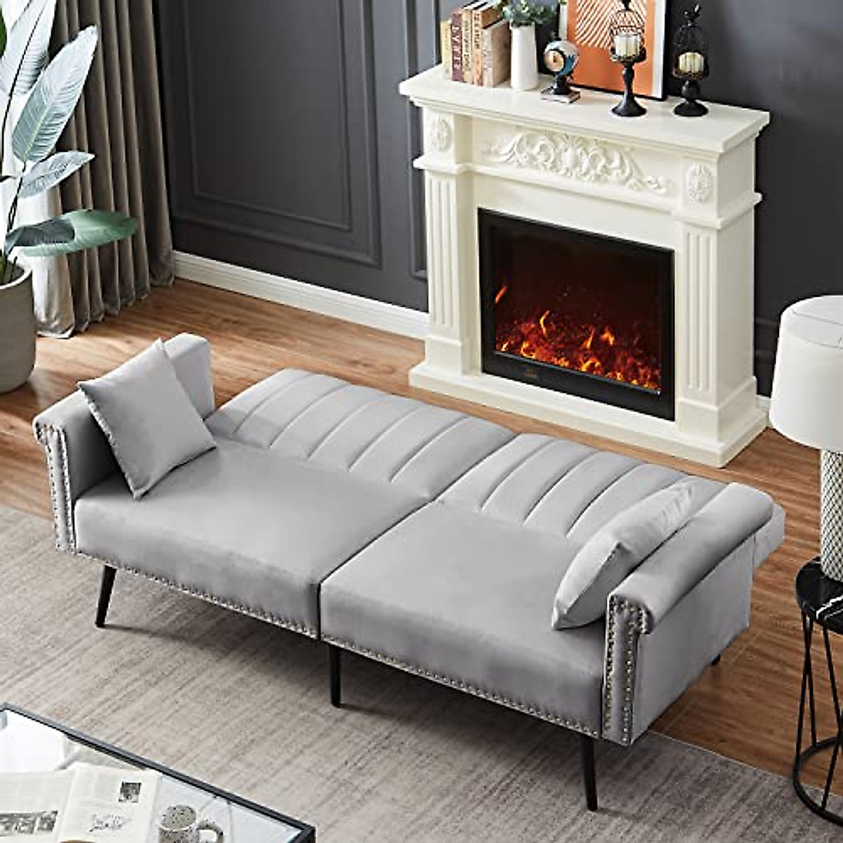Antetek Convertible Futon Sofa Bed, Tufted Velvet Loveseat Sofa Couch with 3 Position Adjustable Backrest & 2 Toss Pillows, Mid-Century Modern Sofa for Living Room, Bedroom, Apartment, Grey