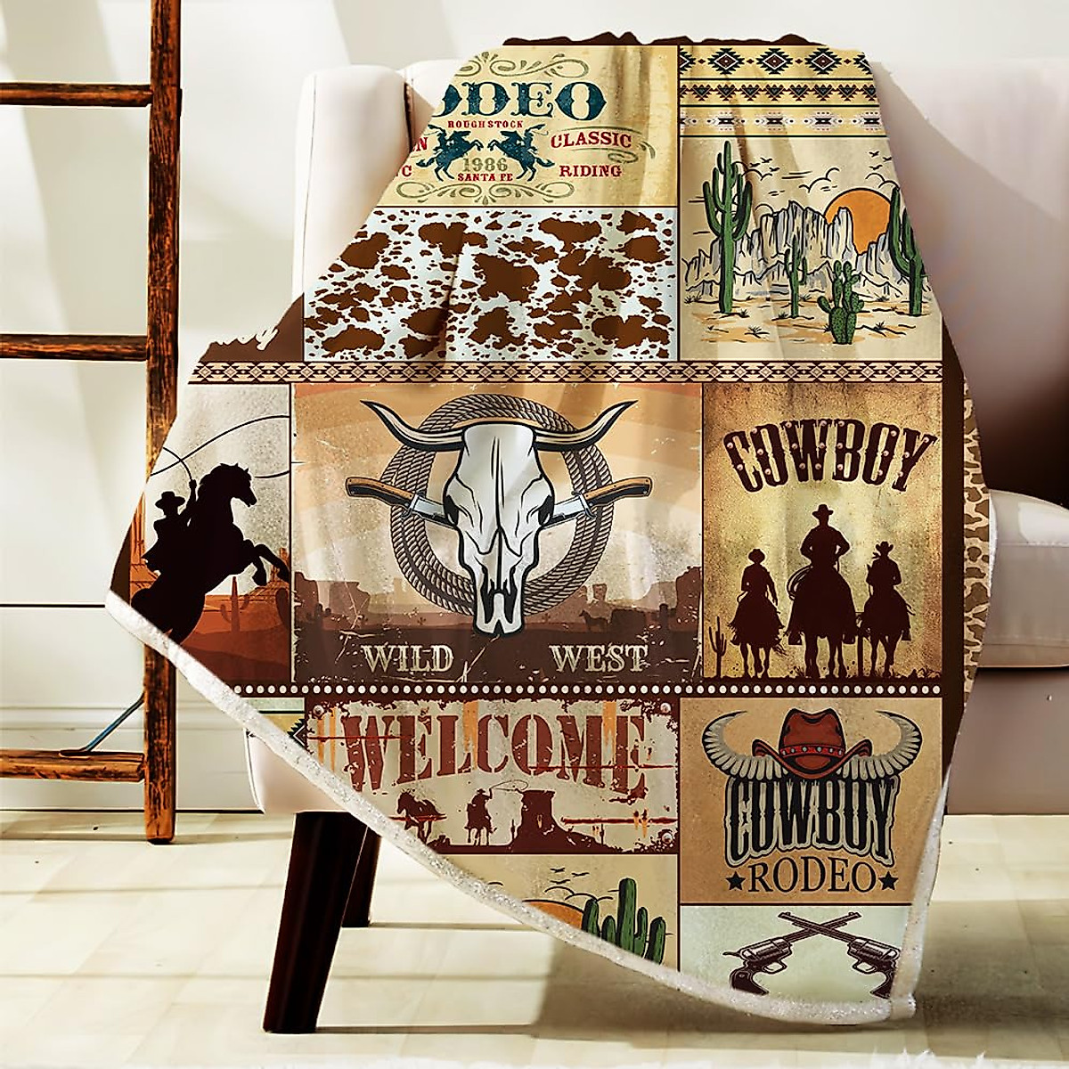 Western Cowboy Blankets, Retro Rustic Cowboy Hat Boot Throw Blanket, American Wild West Cowboy Riding Horses Soft Flannel Blanket for Baby Boys Kids Adults Home Decoration 50X60in Brown