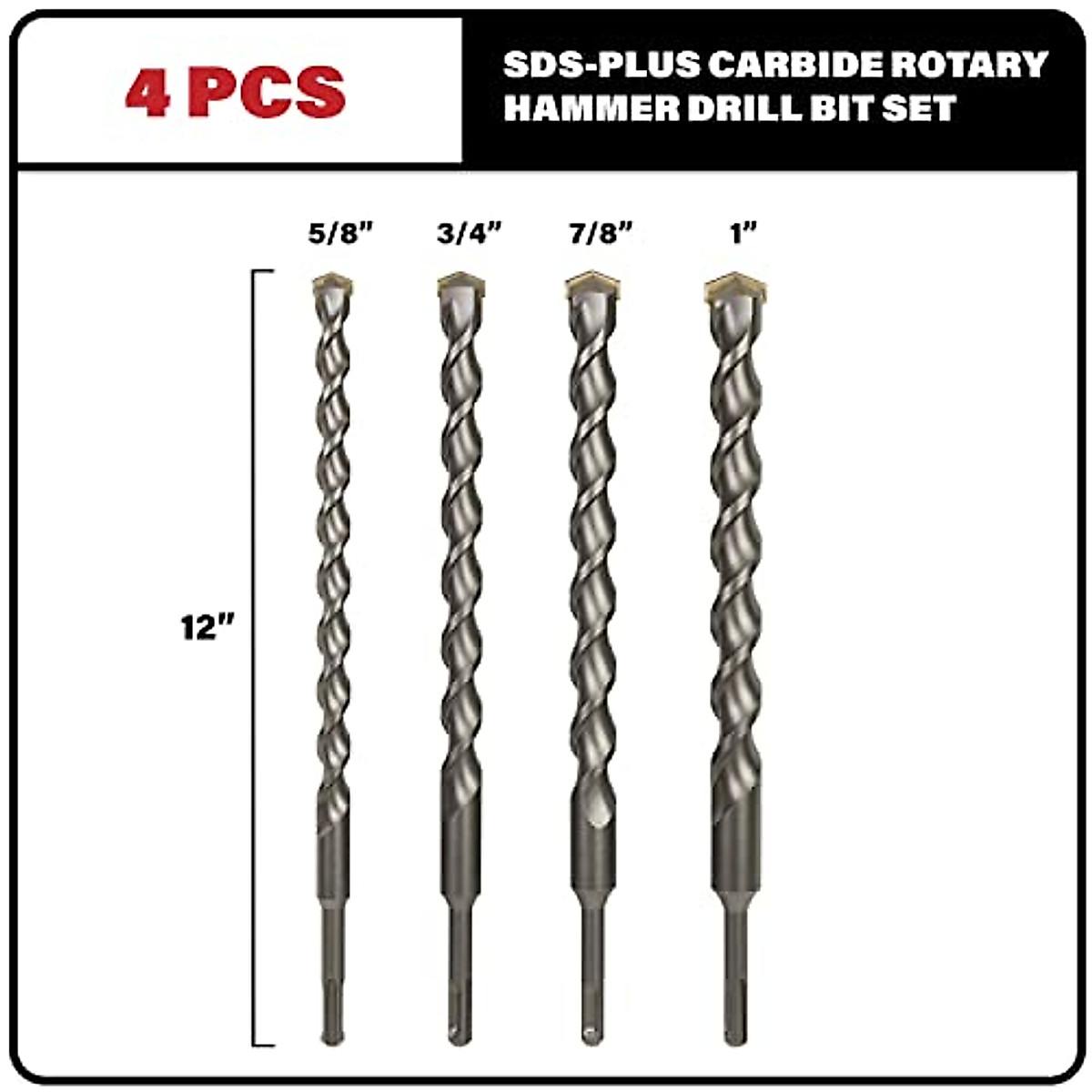 Sabre Tools 4-Piece 12 Inch SDS Plus Drill Bit Set, Carbide Tipped, Rotary Hammer Drill Bits for Brick, Stone, Concrete (5/8in x 12in, 3/4in x 12in, 7/8in x 12in, 1in x 12in)