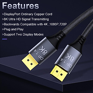 CableDeconn 5M 16FT DisplayPort 1.4 Cable 8K@60Hz 4K@144Hz High Speed 32.4Gbps HDCP 3D Slim and Flexible DP to DP Cable