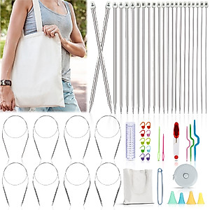 Katech Knitting Needles Set, 9 Pairs Circular Knitting Needles Set and 22 Pcs Single Pointed Knitting Needles Set with Tote Bag Knitting Accessories Knitting Supplies Knitting Needles for Beginners
