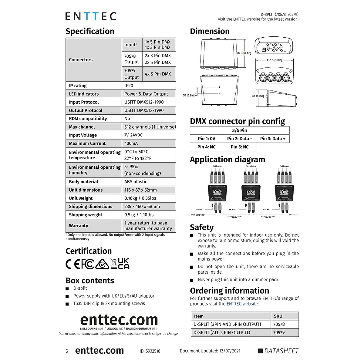 Enttec D-Split 70579 DMX 4 Port Isolated Splitter / Isolator (5-Pin)