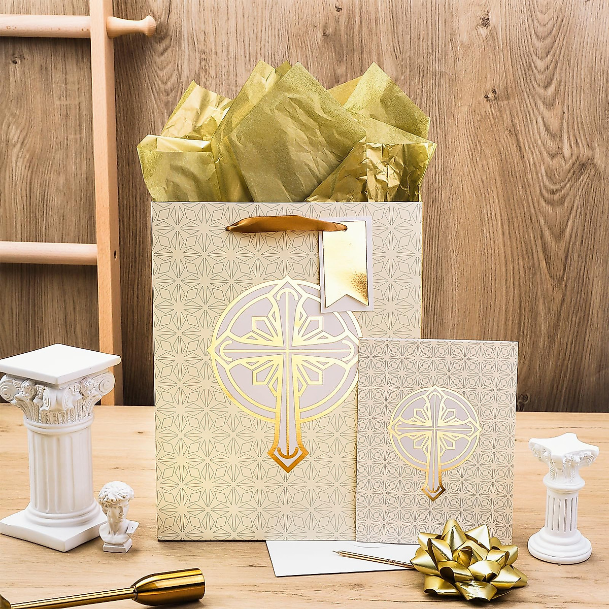 LeZakaa 13" Cross Gift Bag, Gold Christian Gift Bag with Tissue Paper, Gift Tag and Card for Christenings, Religious First Holy Communion, Confirmation, Weddings, Clergy Day