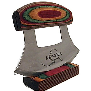 Multi-Colored Exotic Wood Handled Ulu with Stand