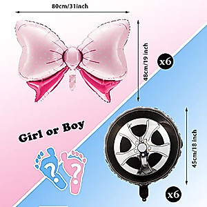 12 Pieces Burnouts or Bow Foil Balloons Black Car Wheel Balloons Gender Reveal Balloon Pink Polka Dots Bow Balloon Foil Balloons for Baby Shower Gender Reveal Wedding Birthday Party Decoration