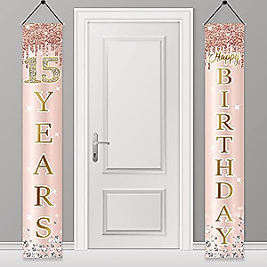 15th Birthday Door Banner Decorations for Girls, Pink Rose Gold Happy 15 Birthday Door Porch Backdrop Party Supplies, Fifteen Year Old Birthday Sign Decor