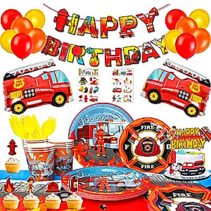 Fire Truck Birthday Party Supplies,155pcs Fire Truck Birthday Party Decorations for Boys-Firetruck Birthday Decorations Balloons Plates Napkins Tablecloth etc Fire Truck Themed Birthday Party Supplies