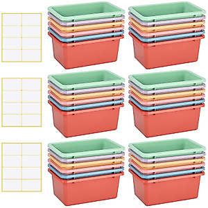 Outus 36 Pcs 11.6 x 7.7 Inch Macaron Color Plastic Cubby Bins with Labels Classroom Stacking Bins Storage Container Book Bins for Classroom Preschool Office Home Organizer, 6 Colors